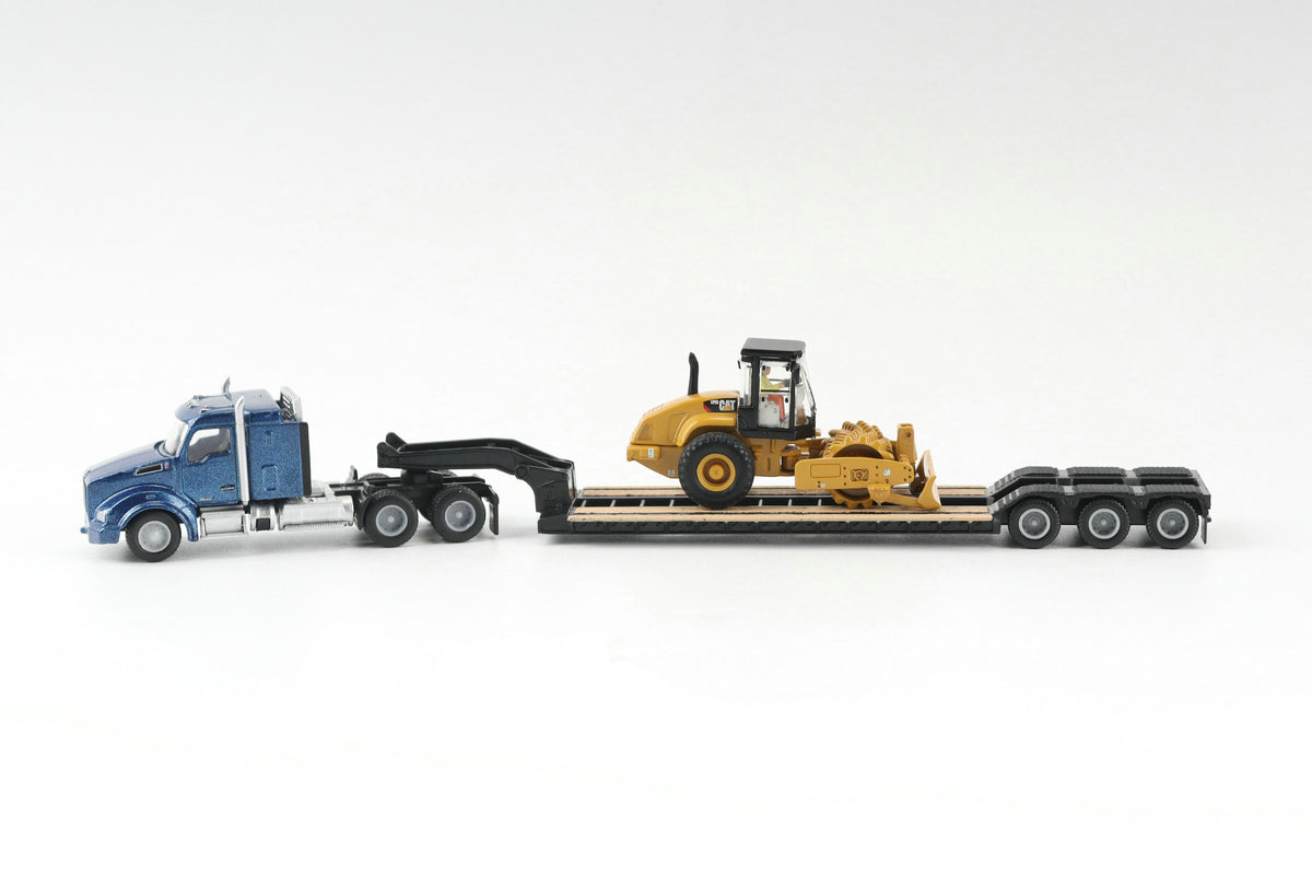 1:87 Blue Kenworth T880 Tractor with Lowboy Trailer and Cat Padfoot Ro ...